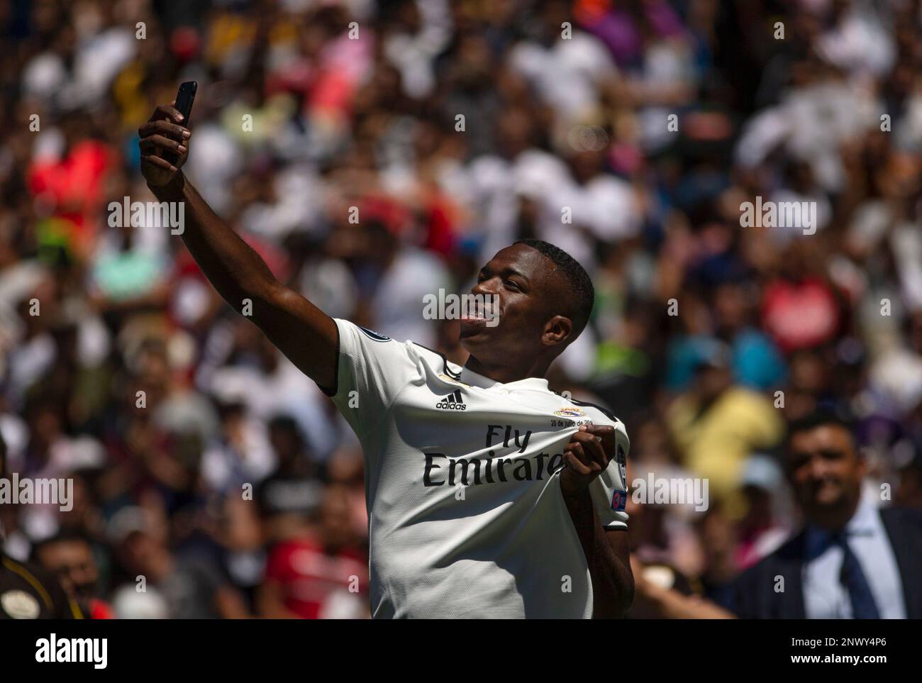 Brazilian new Real Madrid soccer player Vinicius Jr takes a selfie ...
