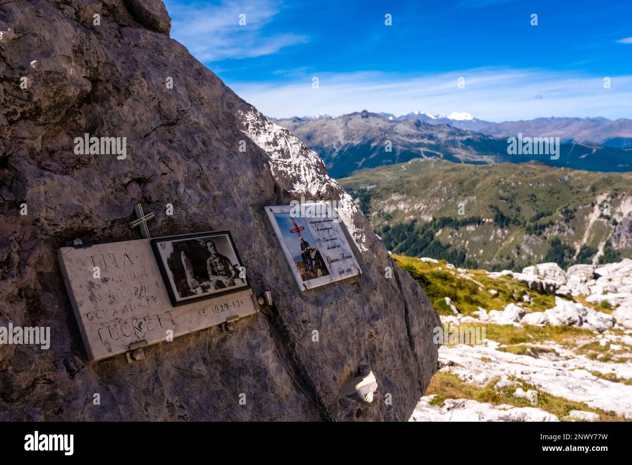 Memorial plaques of fallen climbers near the mountain hut Rifugio ...