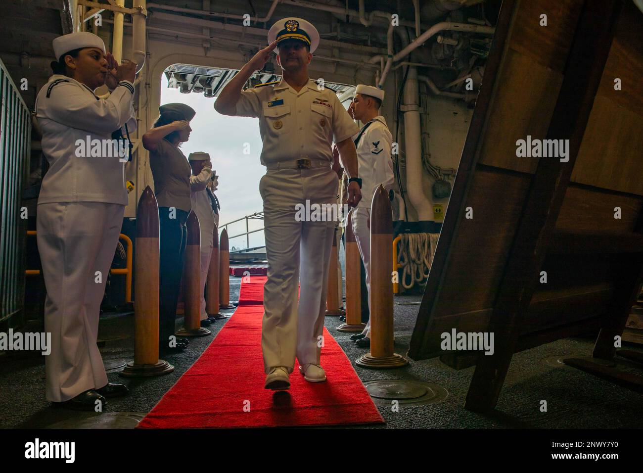 Sideboys render honors to Rear Adm. Mark Melson, commander, Logistics ...