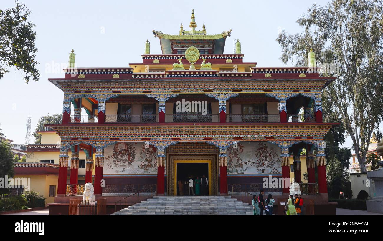 INDIA, BIHAR, BODH GAYA, January 2023, Devotee at Karma Temple, rear ...