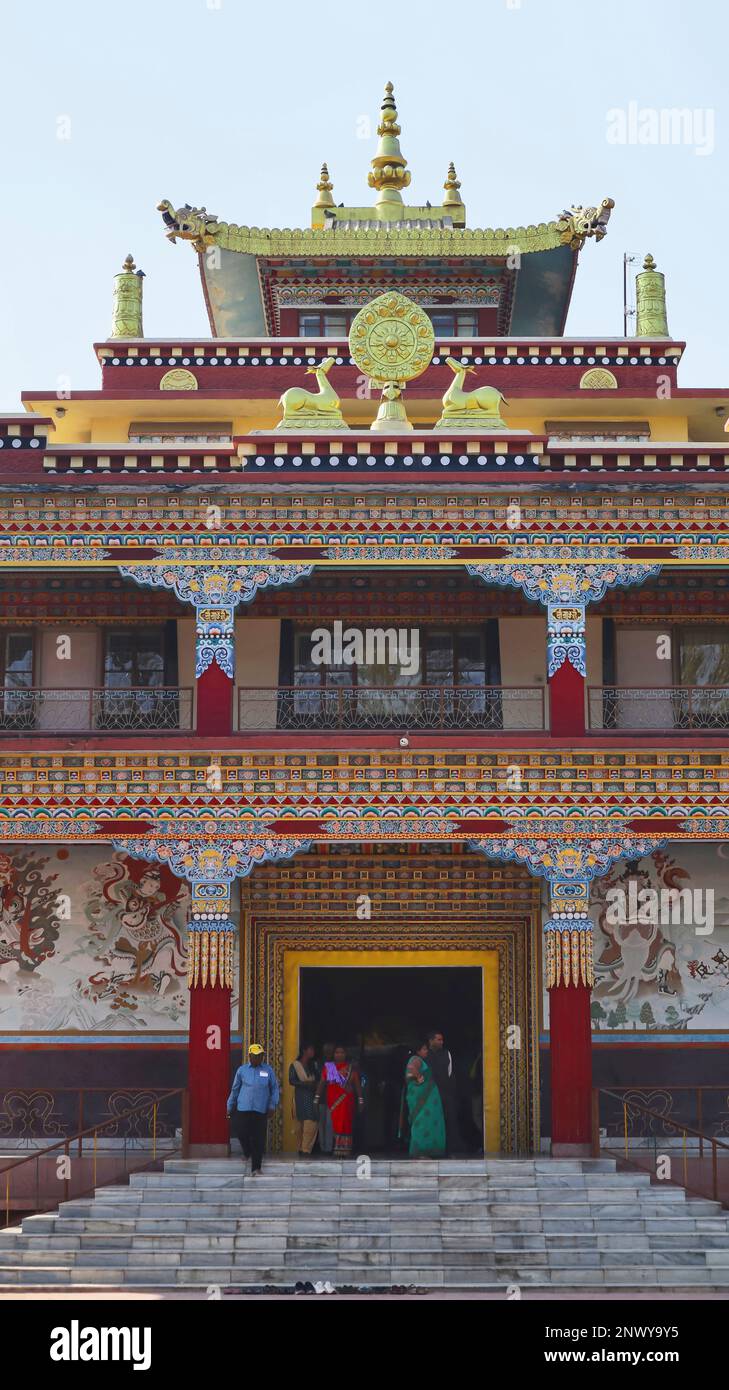 INDIA, BIHAR, BODH GAYA, January 2023, Devotee at Karma Temple, rear ...