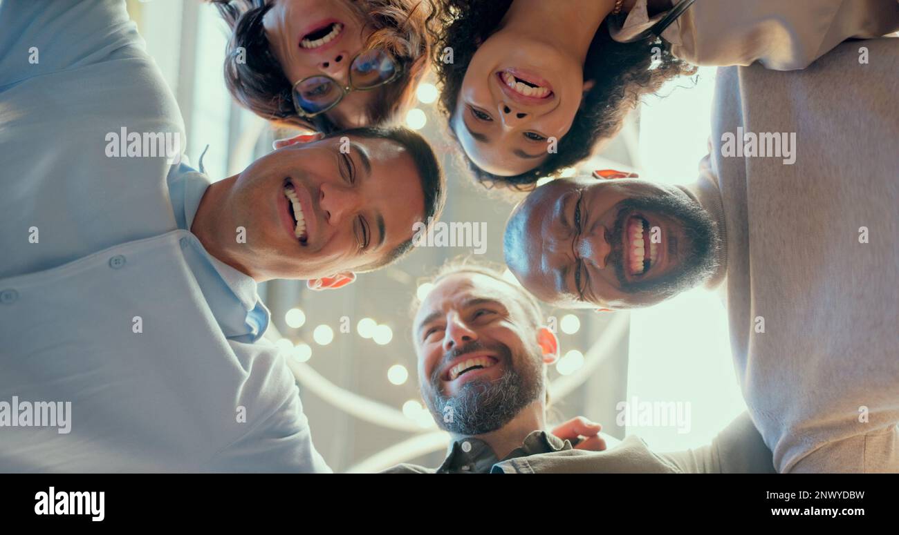 Teamwork, collaboration and huddle of business people in office or ...