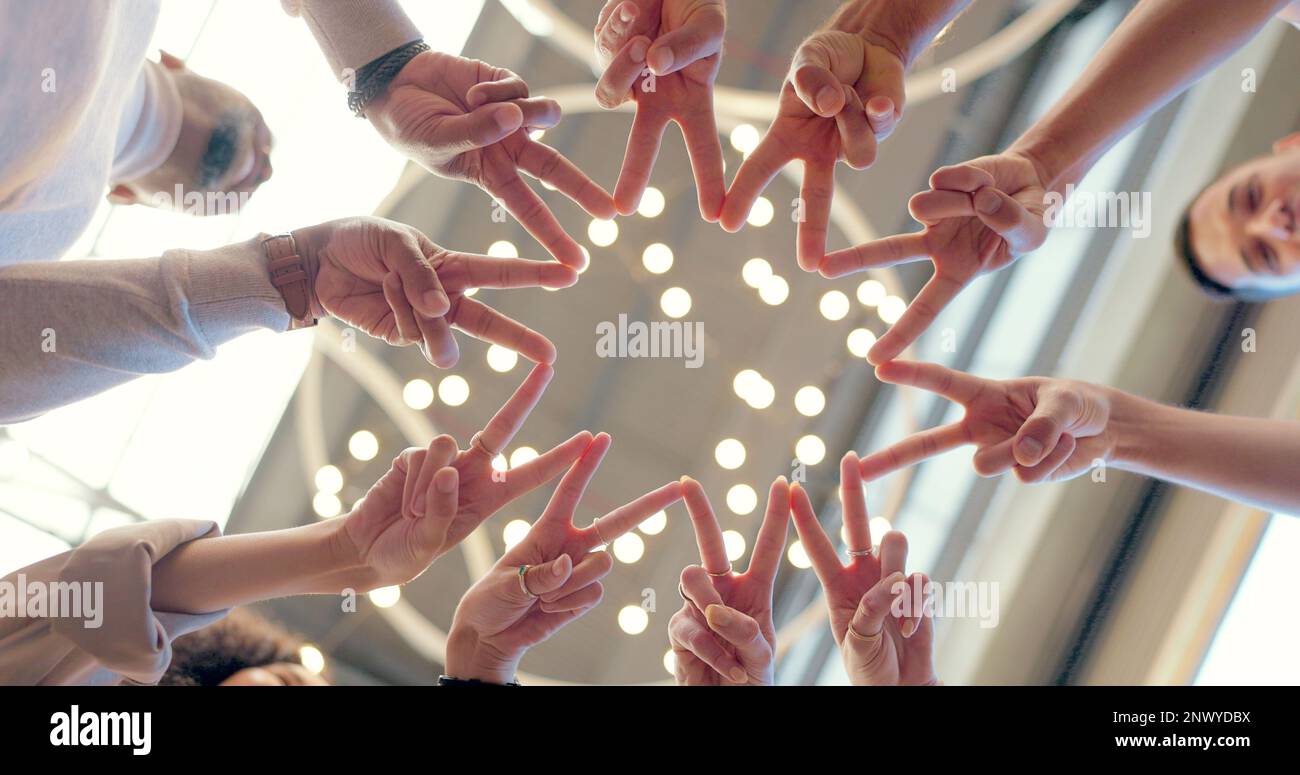Group hands, star sign and business team together with sun and teamwork ...