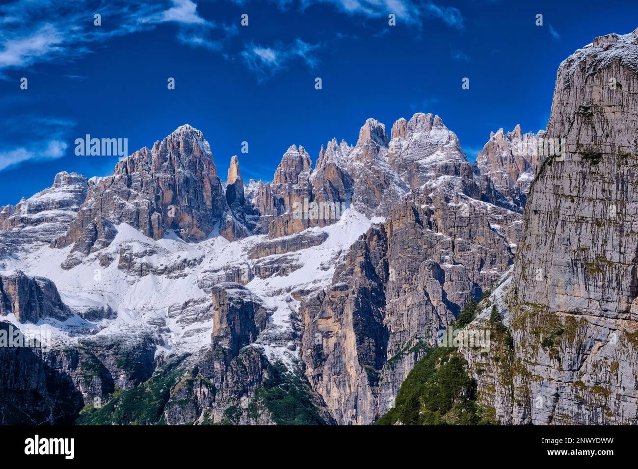 The main range of Brenta Dolomites, covered in fresh snow, seen from ...