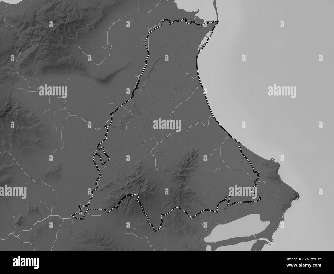 Ariana, governorate of Tunisia. Grayscale elevation map with lakes and ...