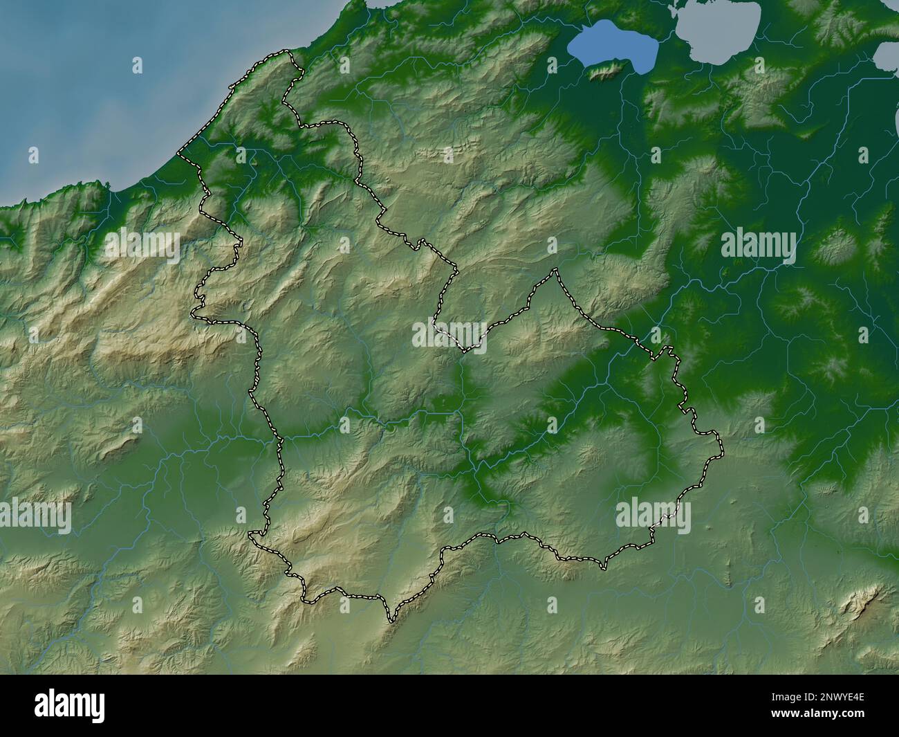 Beja, governorate of Tunisia. Colored elevation map with lakes and ...