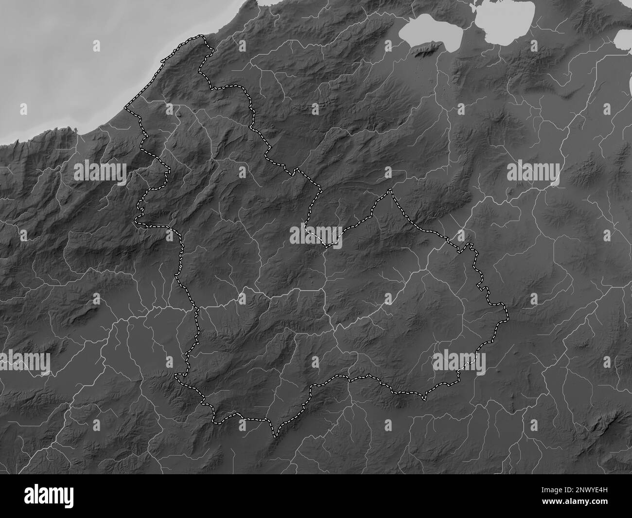 Beja, governorate of Tunisia. Grayscale elevation map with lakes and ...