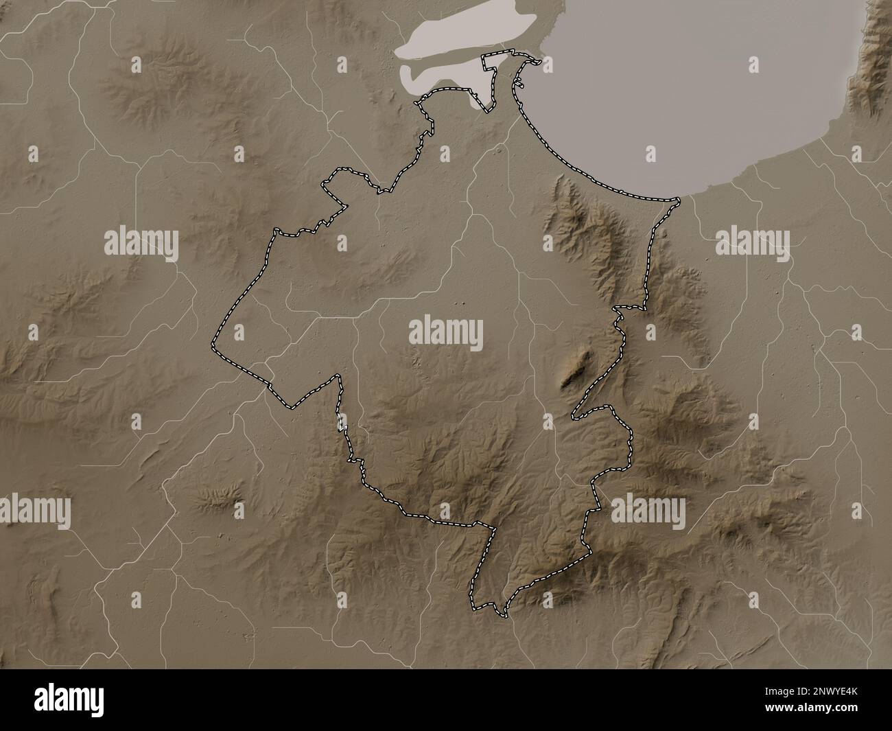Ben Arous, governorate of Tunisia. Elevation map colored in sepia tones ...