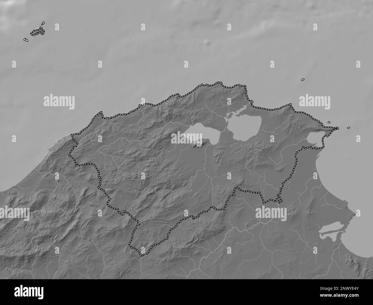 Bizerte, governorate of Tunisia. Bilevel elevation map with lakes and ...