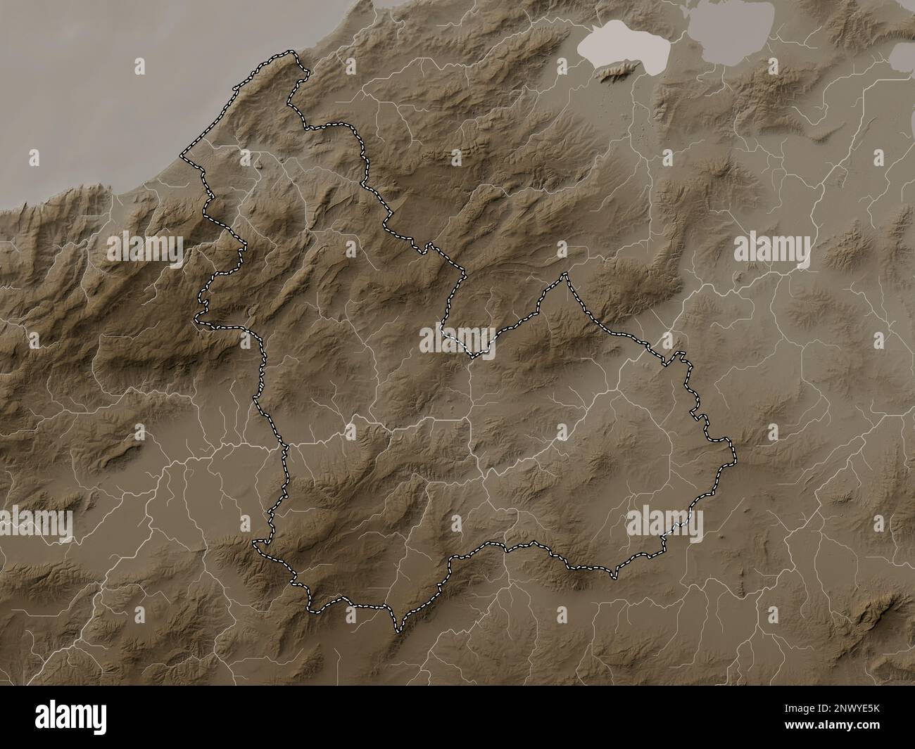 Beja, governorate of Tunisia. Elevation map colored in sepia tones with ...