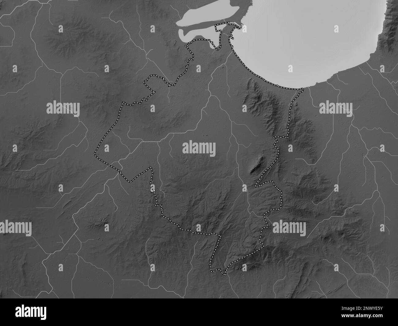 Ben Arous, governorate of Tunisia. Grayscale elevation map with lakes ...