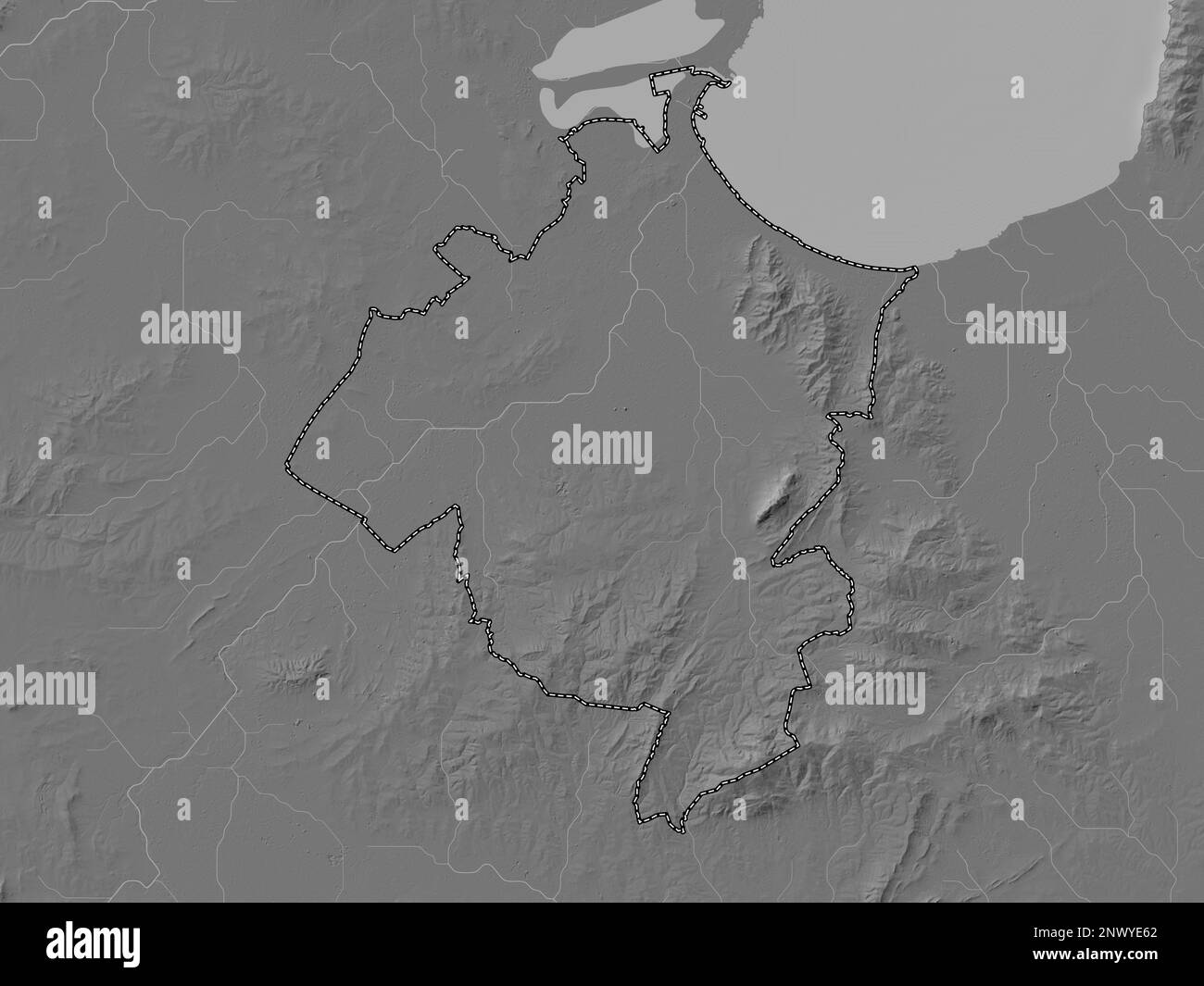Ben Arous, governorate of Tunisia. Bilevel elevation map with lakes and ...