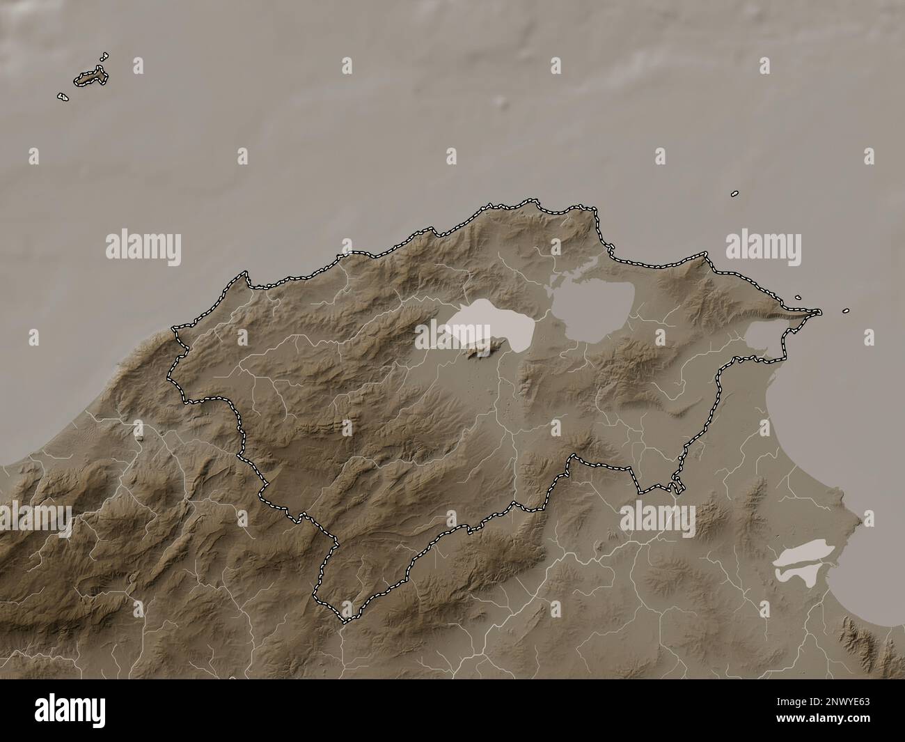 Bizerte, governorate of Tunisia. Elevation map colored in sepia tones ...