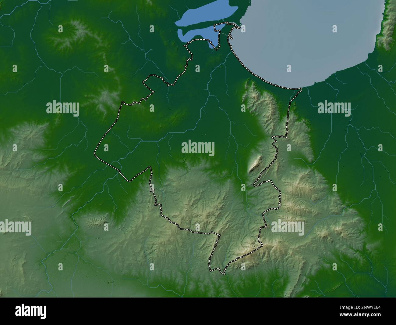 Ben Arous, governorate of Tunisia. Colored elevation map with lakes and ...