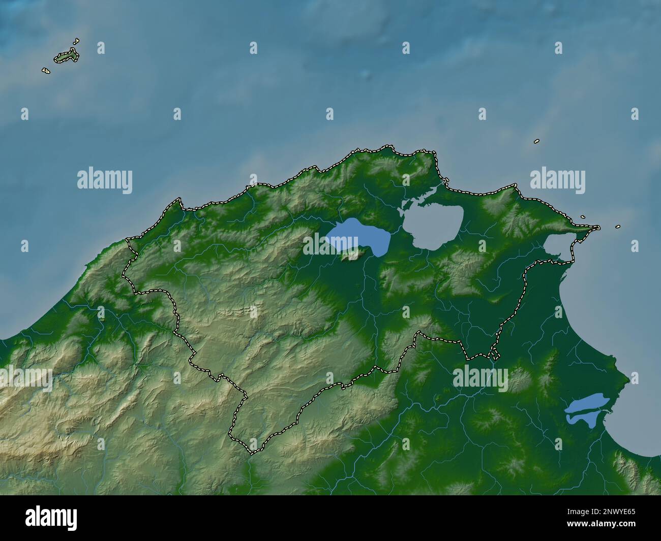 Bizerte, governorate of Tunisia. Colored elevation map with lakes and ...