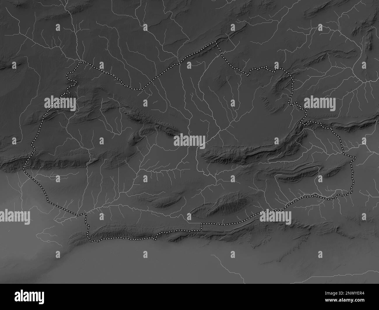 Gafsa, governorate of Tunisia. Grayscale elevation map with lakes and ...