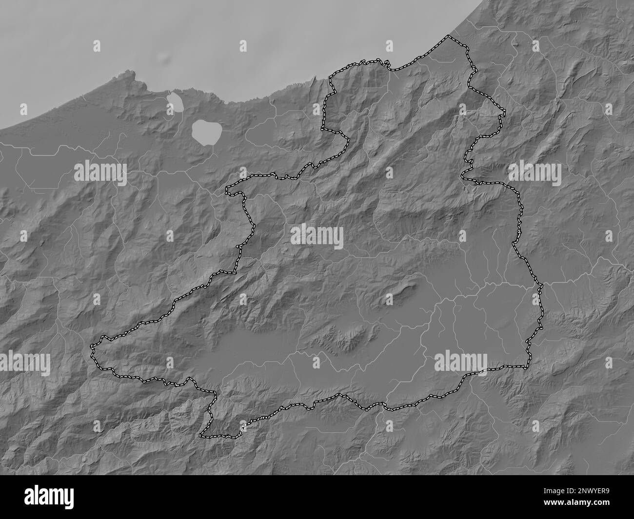 Jendouba, governorate of Tunisia. Bilevel elevation map with lakes and ...