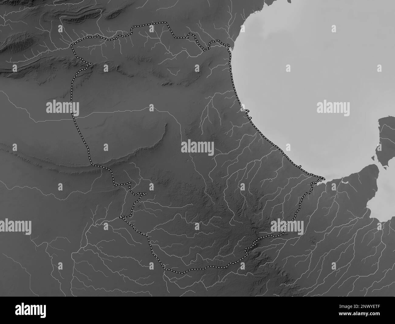 Gabes, governorate of Tunisia. Grayscale elevation map with lakes and ...