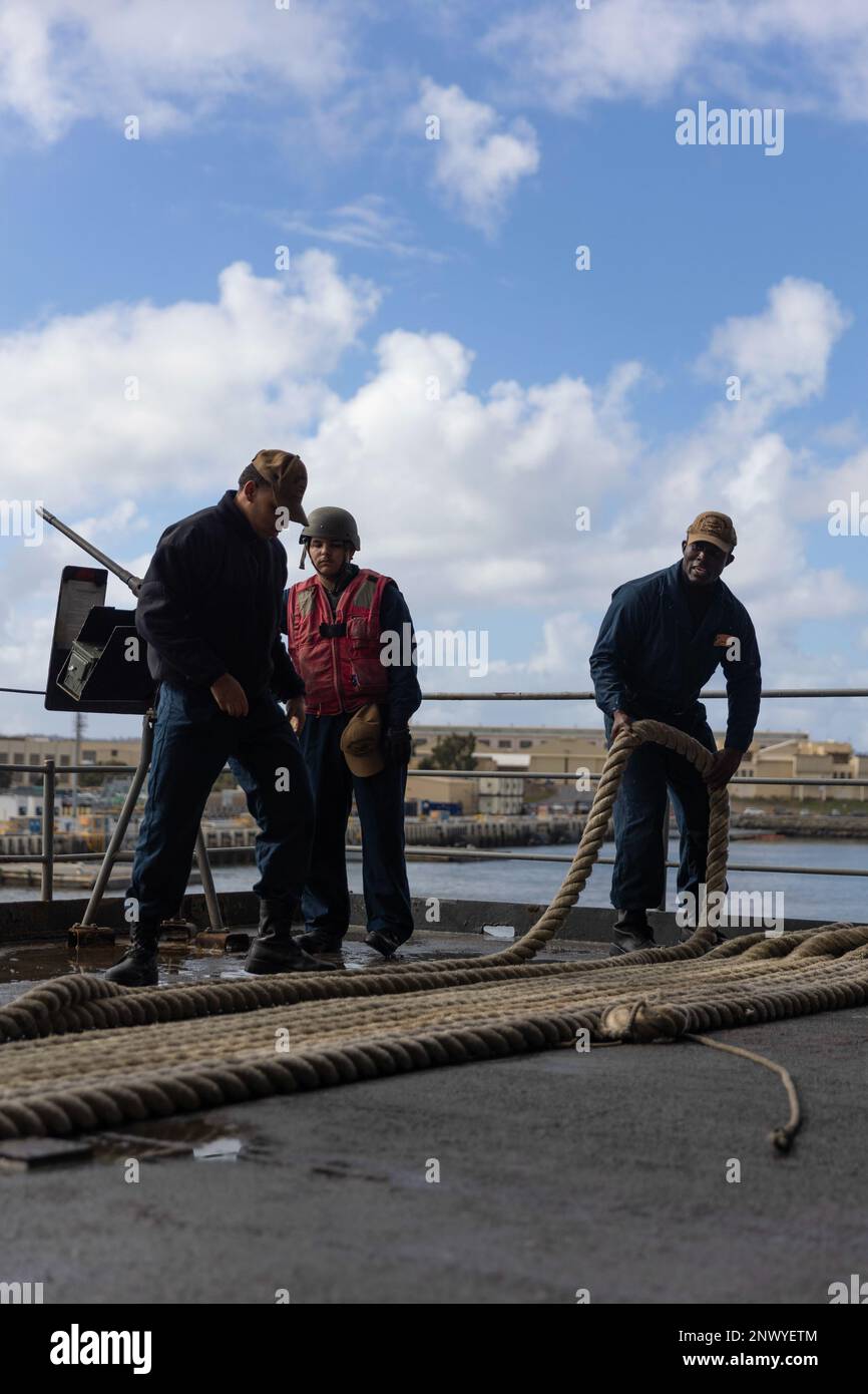 Sailors fake down lines on the fantail aboard the Nimitz-class aircraft ...