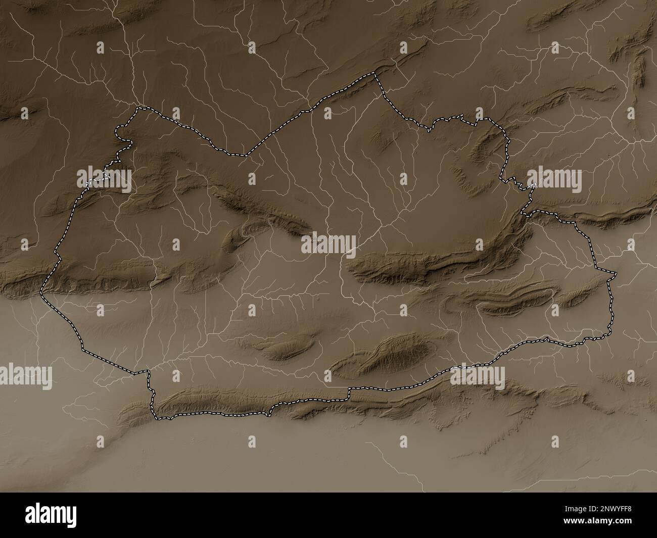 Gafsa, governorate of Tunisia. Elevation map colored in sepia tones ...