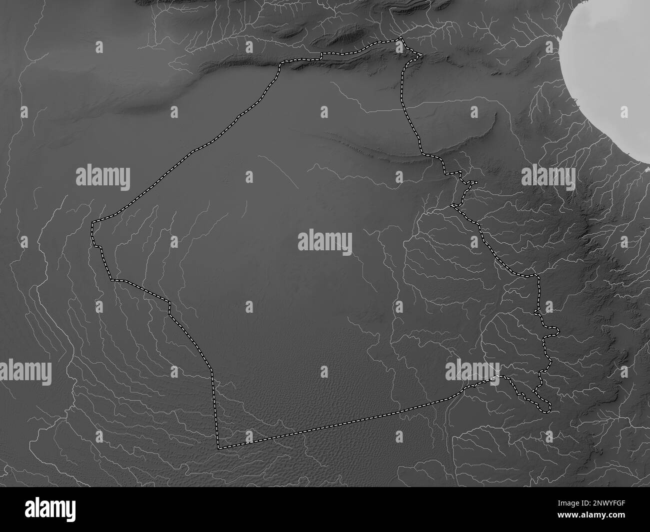 Kebili, governorate of Tunisia. Grayscale elevation map with lakes and ...