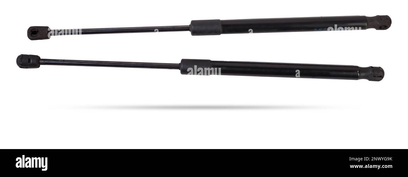 A pair of black metal hood shock absorbers with chrome elements ...