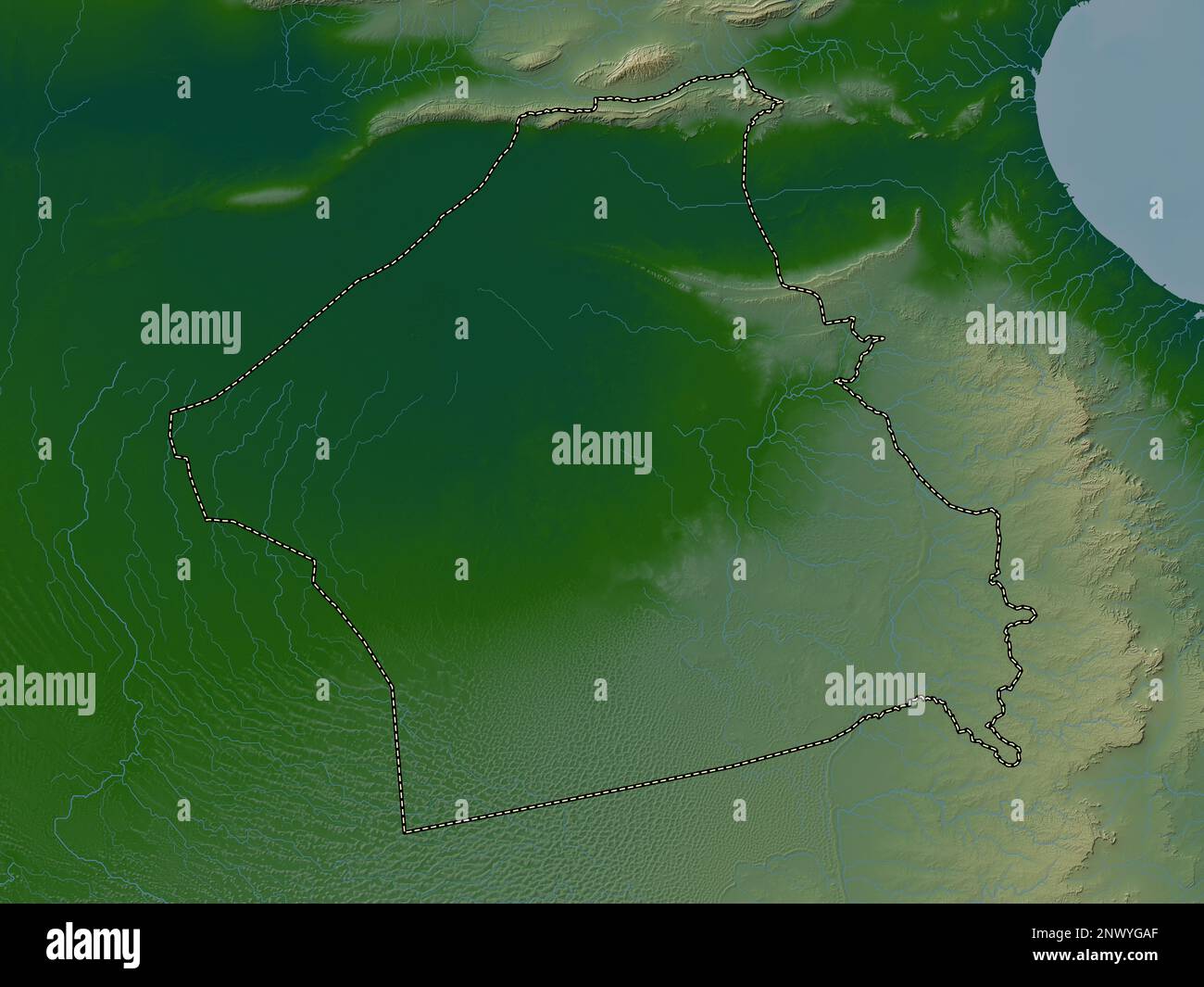 Kebili, governorate of Tunisia. Colored elevation map with lakes and ...