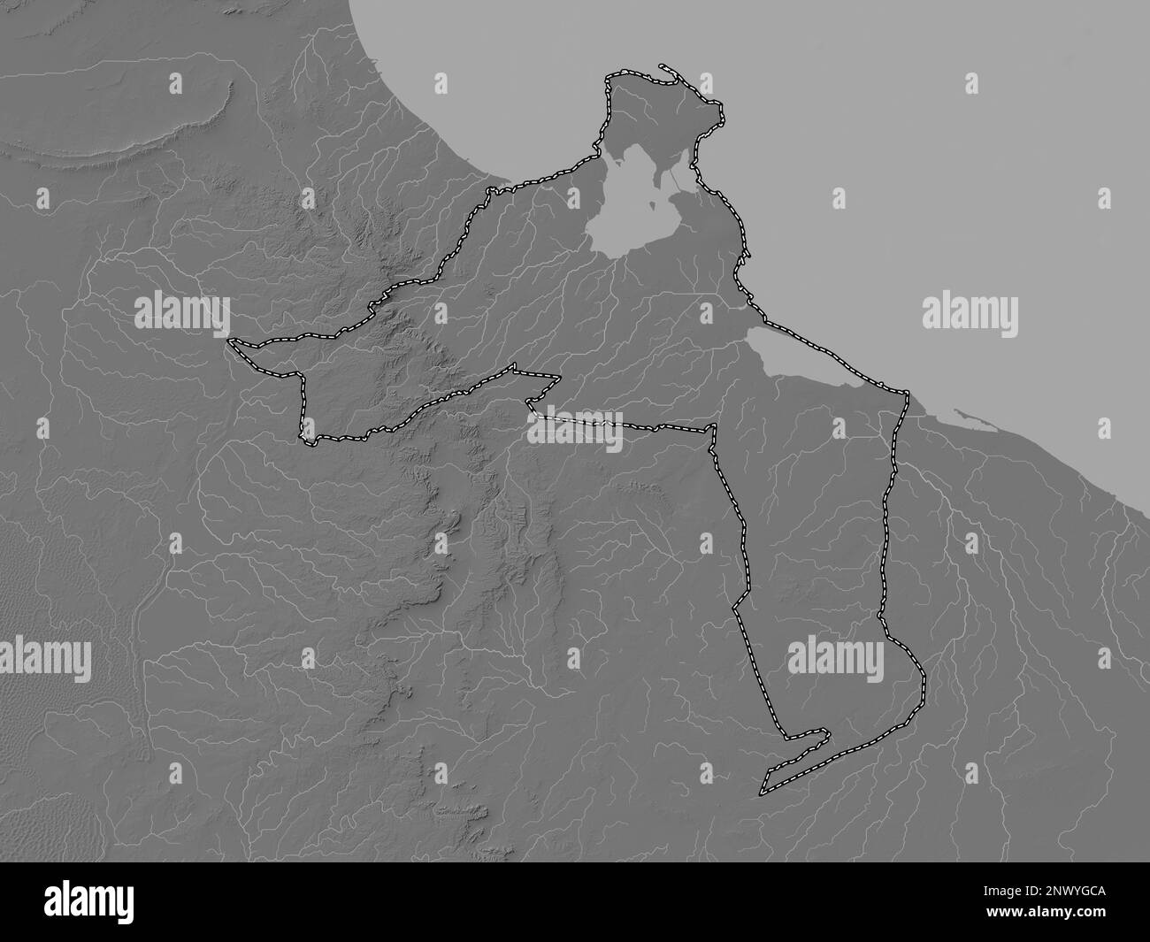 Medenine, governorate of Tunisia. Bilevel elevation map with lakes and ...