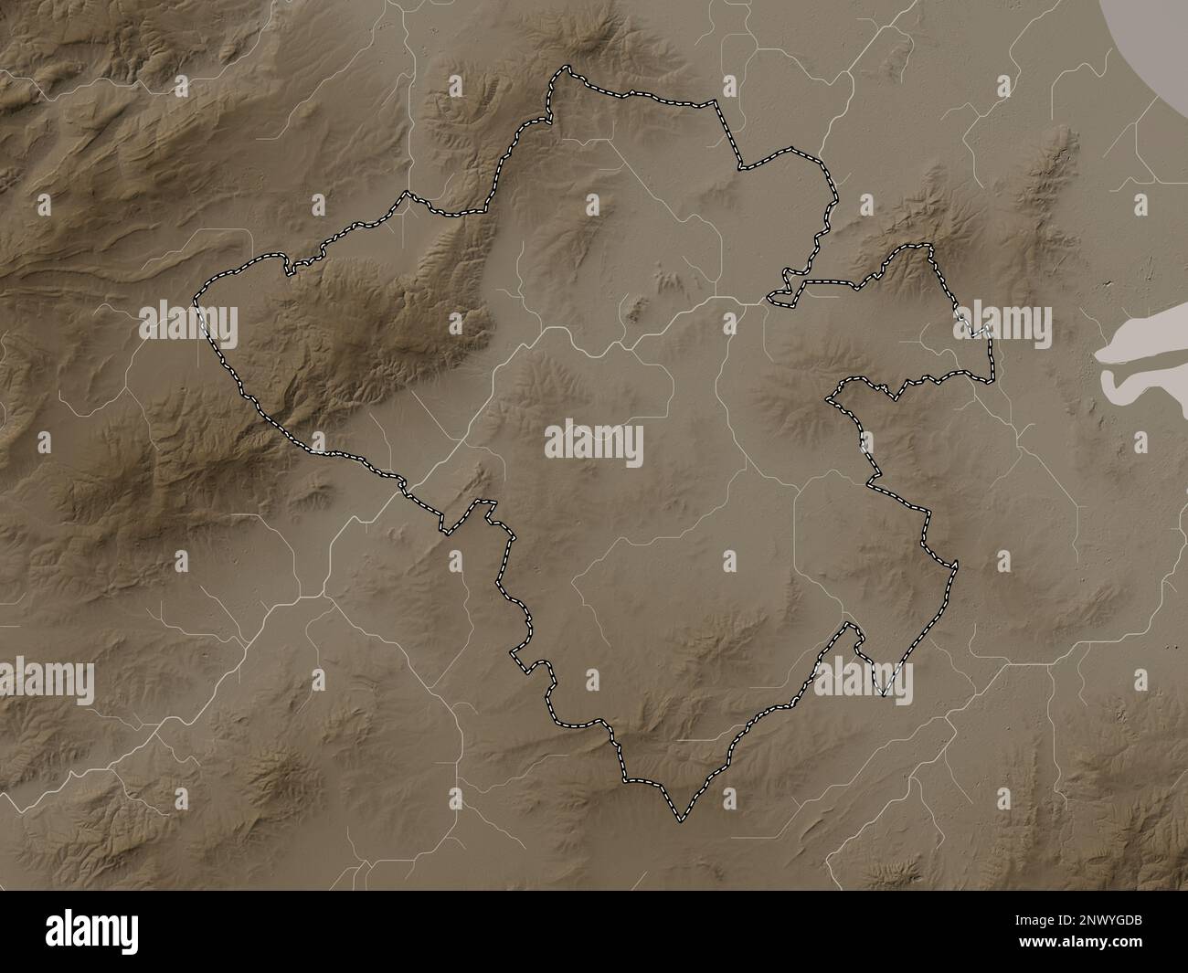 Manubah, governorate of Tunisia. Elevation map colored in sepia tones ...