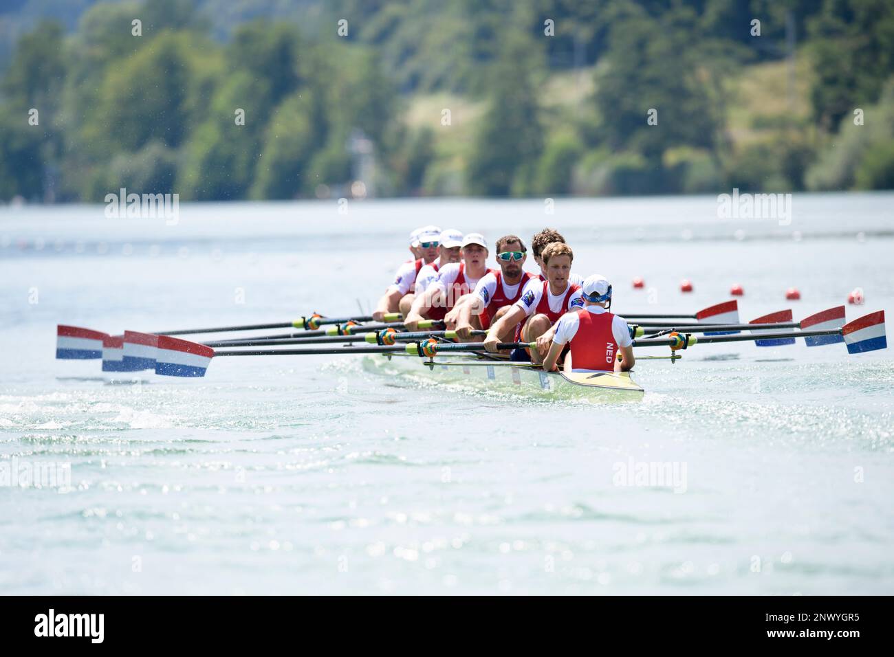 The Dutch team compete during the Men's Eight Final A at the rowing ...