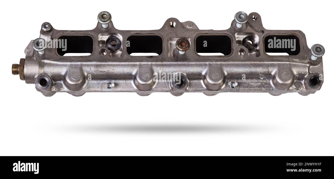 Close-up on a car fuel rail with injectors for supplying gasoline to a ...