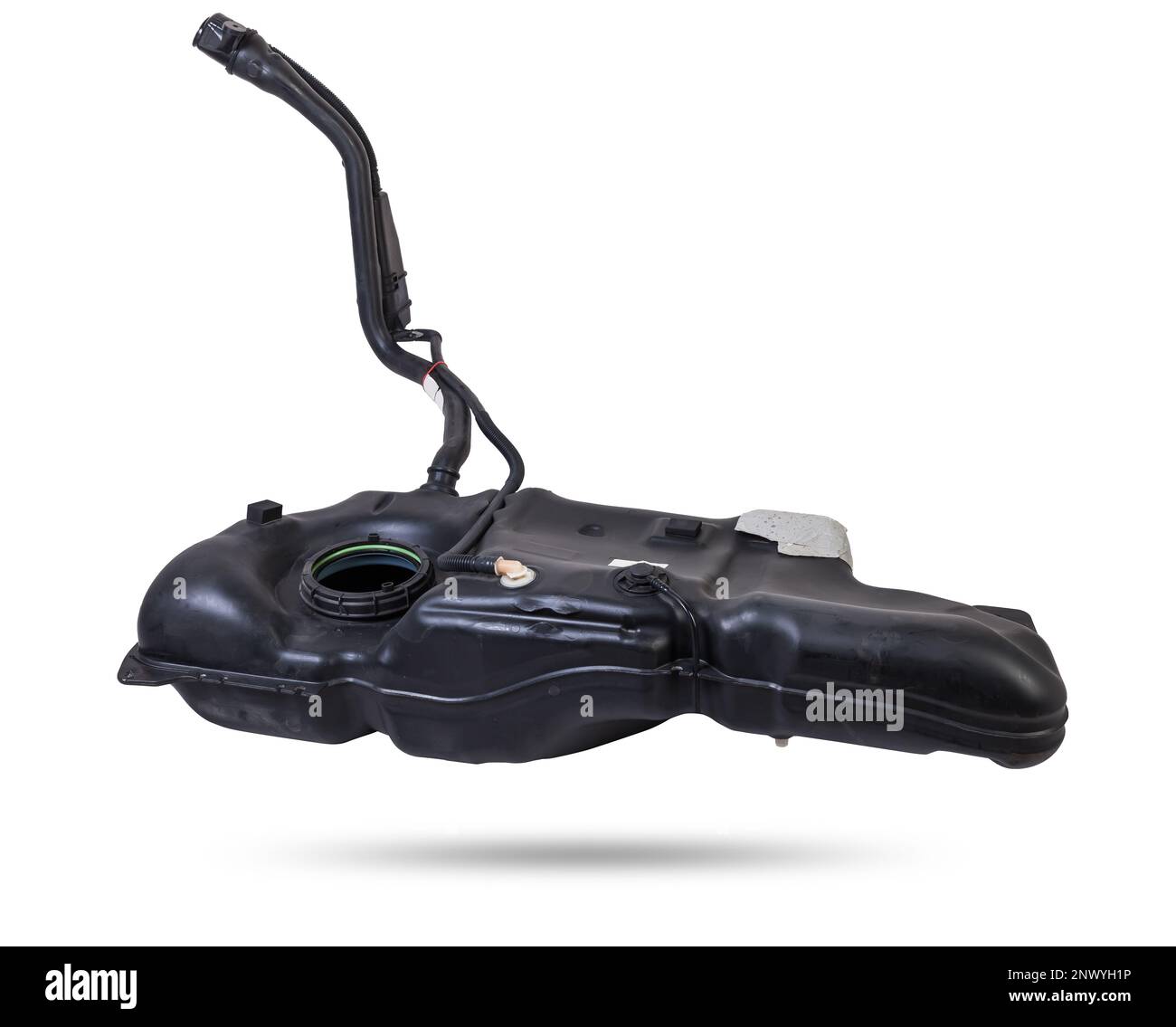 black plastic gas tank with a fuel filler on a white isolated ...