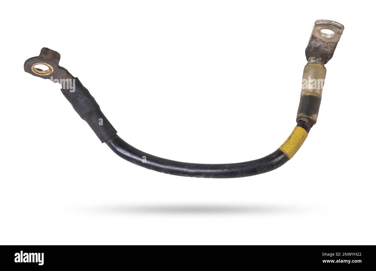 Thick short curved electric wire in black rubber isolation on a white ...