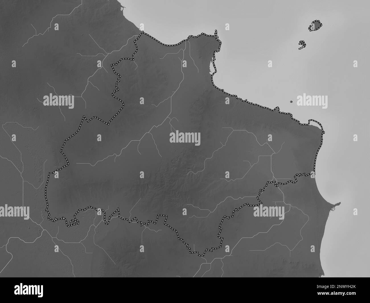 Monastir, governorate of Tunisia. Grayscale elevation map with lakes ...