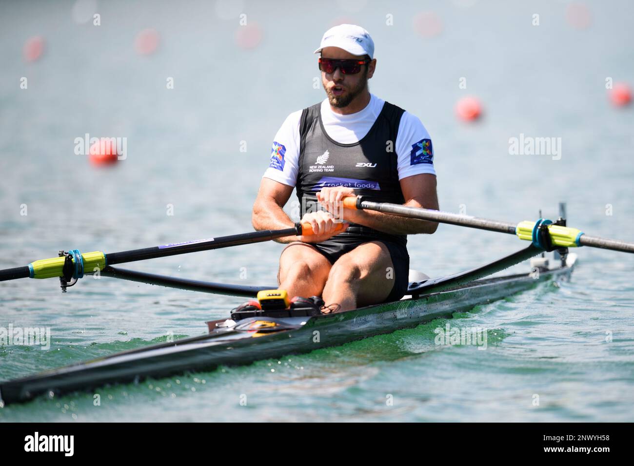 Robert Manson of New Zealand competes during the Men's Single Sculls A ...