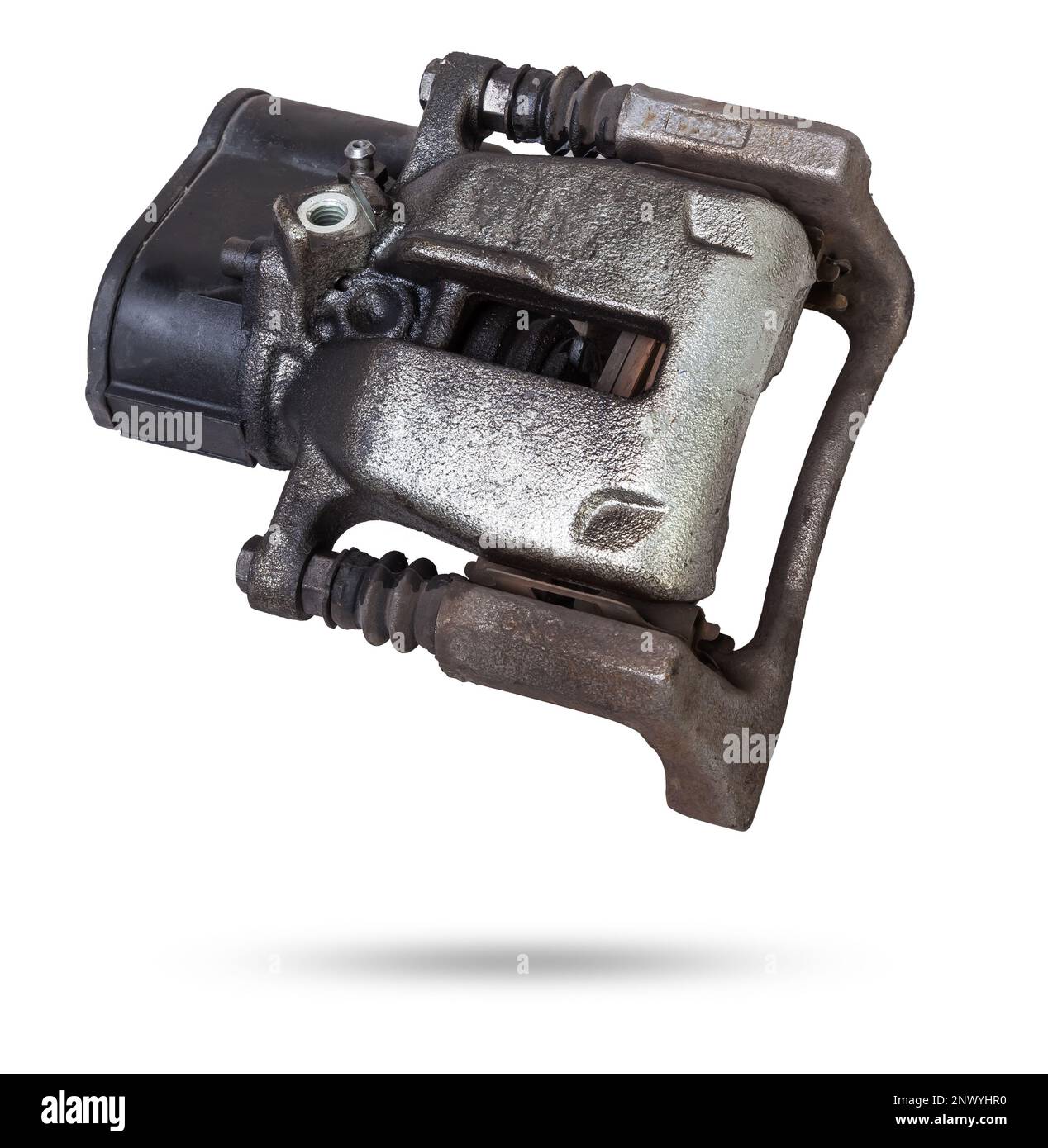 Old metal brake caliper on a white background for replacement during ...