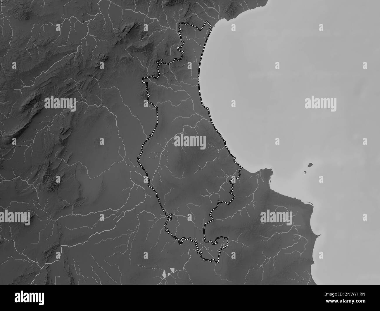 Sousse, governorate of Tunisia. Grayscale elevation map with lakes and ...
