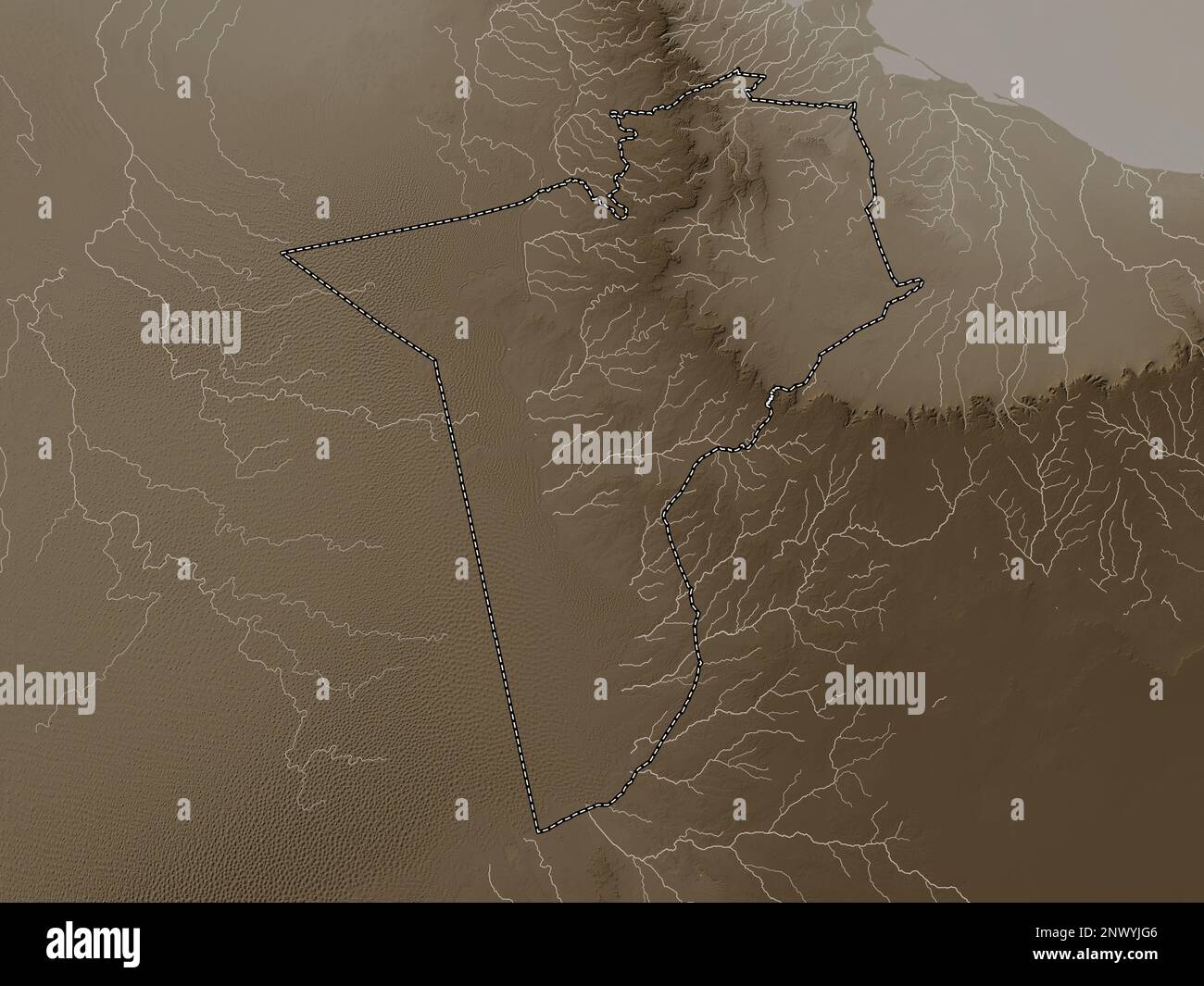 Tataouine, governorate of Tunisia. Elevation map colored in sepia tones ...