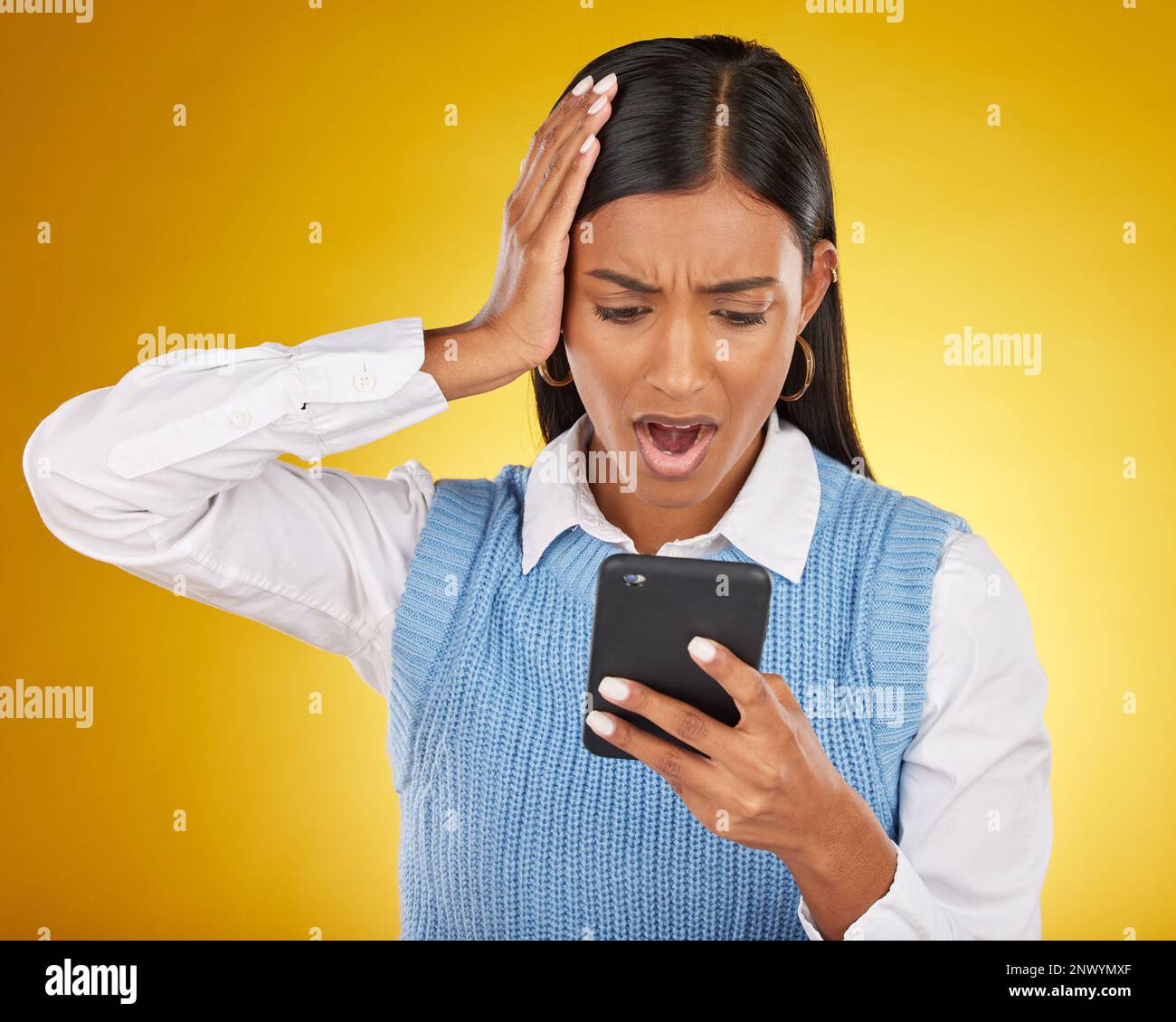 News, shock and notification with Indian woman and phone for social ...