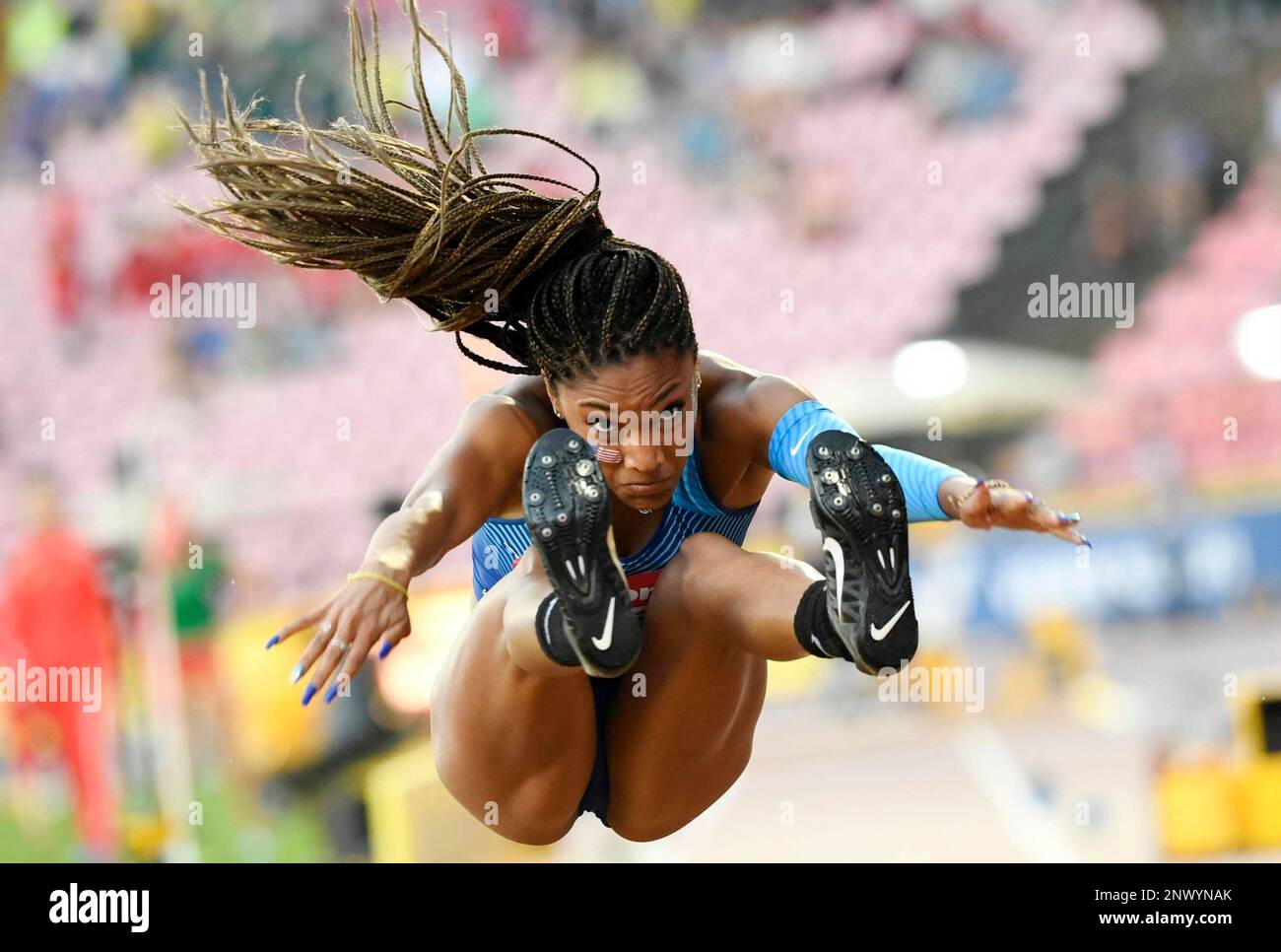 Tara Davis of the United States, competes in the women's long jump ...