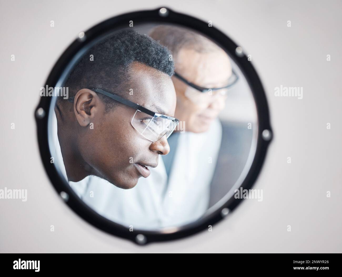 Science, research and black man in laboratory incubator window for ...