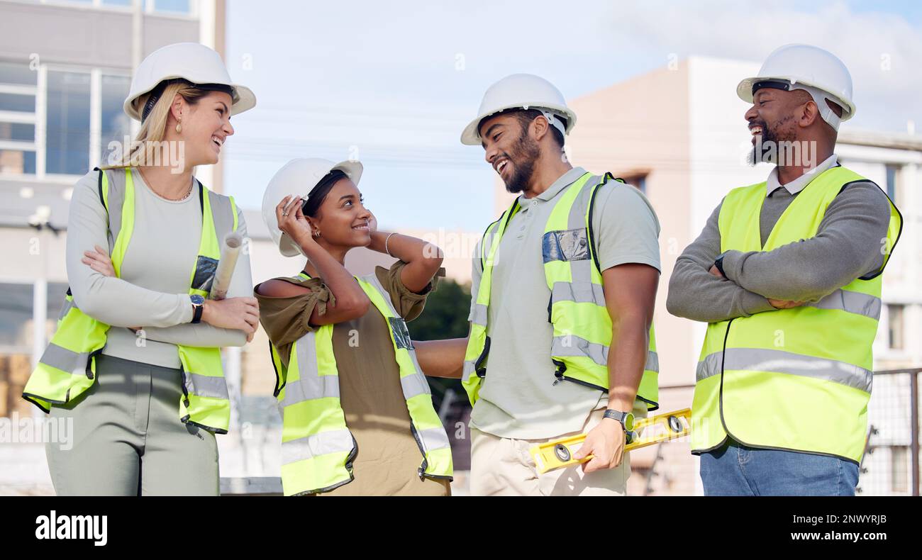 Construction, talking and employees in the city as a team, laughing and ...