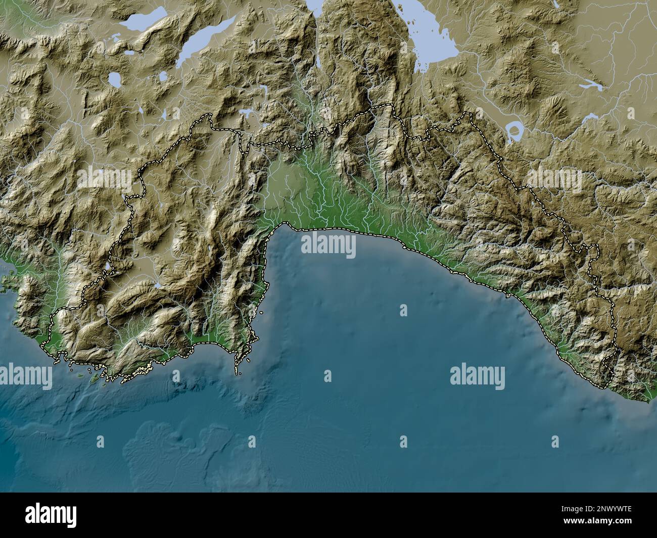 Antalya, province of Turkiye. Elevation map colored in wiki style with ...