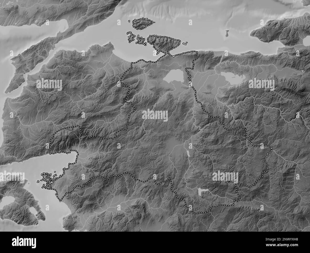 Balikesir, province of Turkiye. Grayscale elevation map with lakes and ...
