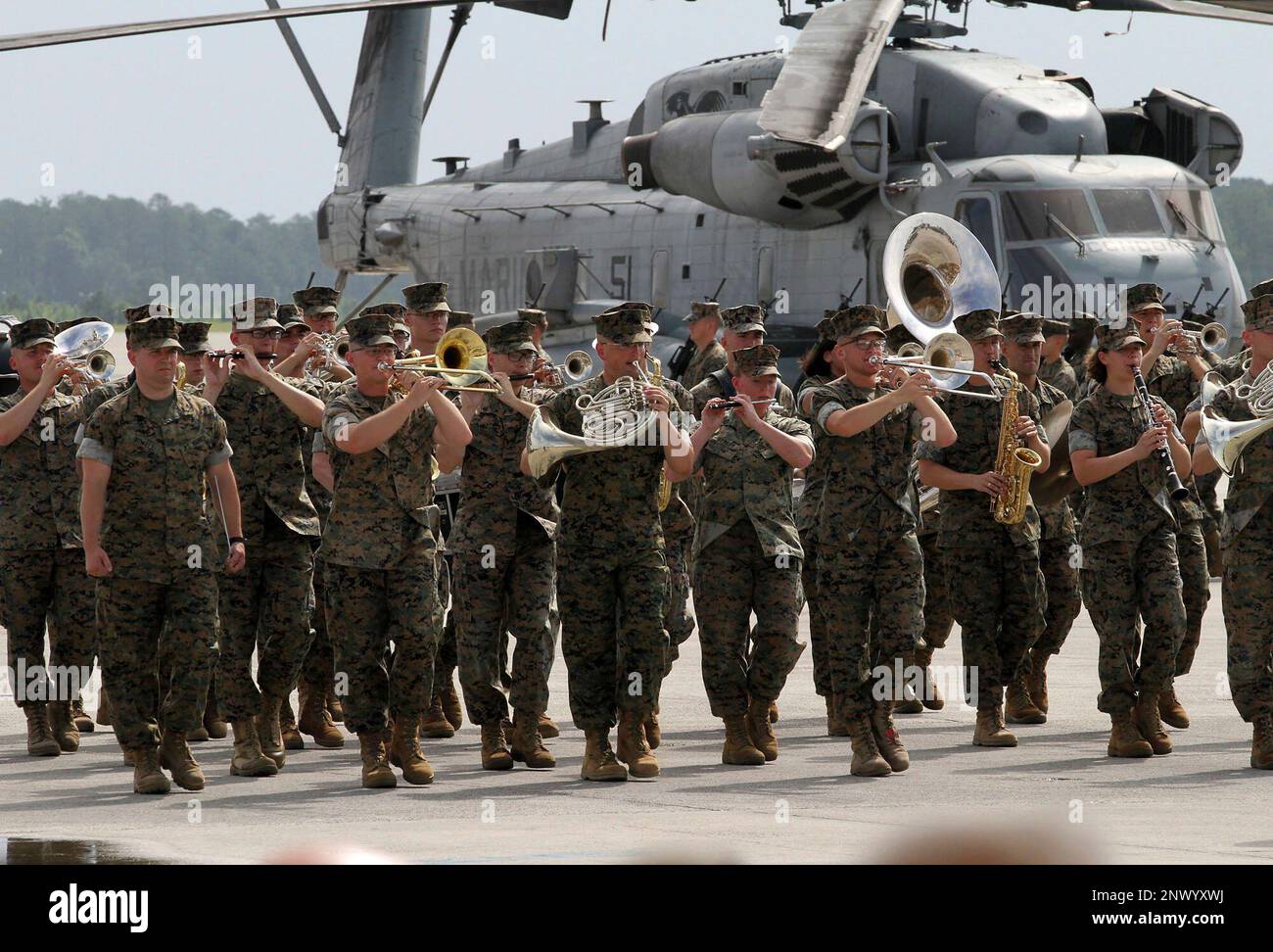 The 2d Marine Aircraft Wing Band peforms and parades at the 2d Marine Aircraft Wing Change of ...