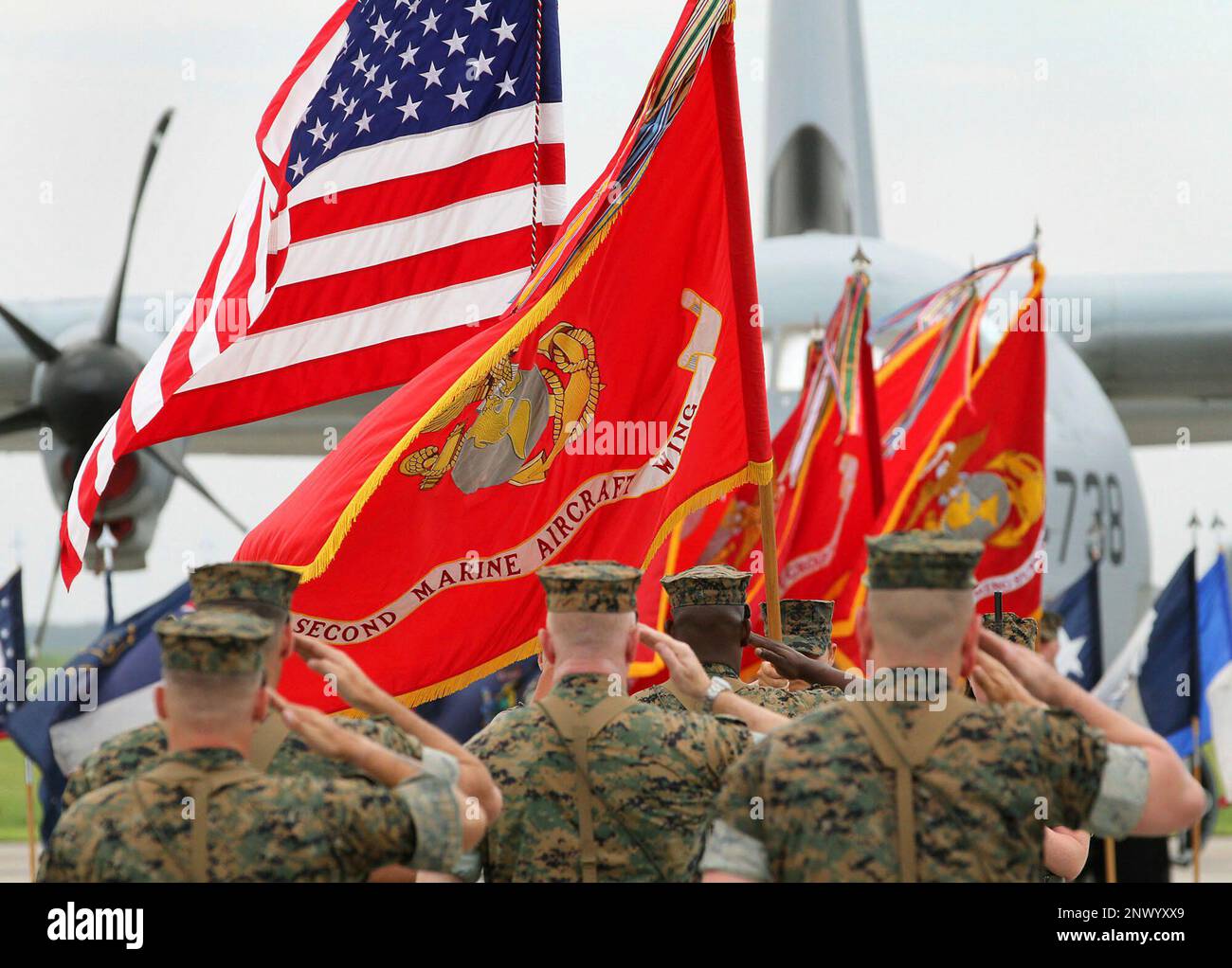 USMC parade troops salute the American flag and colors of the 2d Marine ...