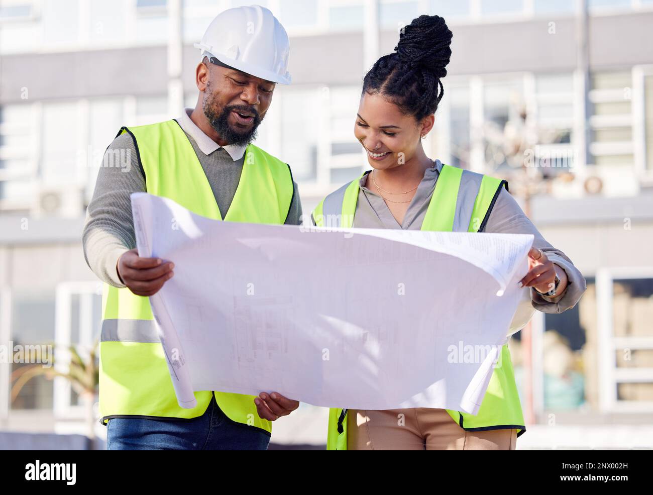 Contractor, engineering blueprint and black people with teamwork ...