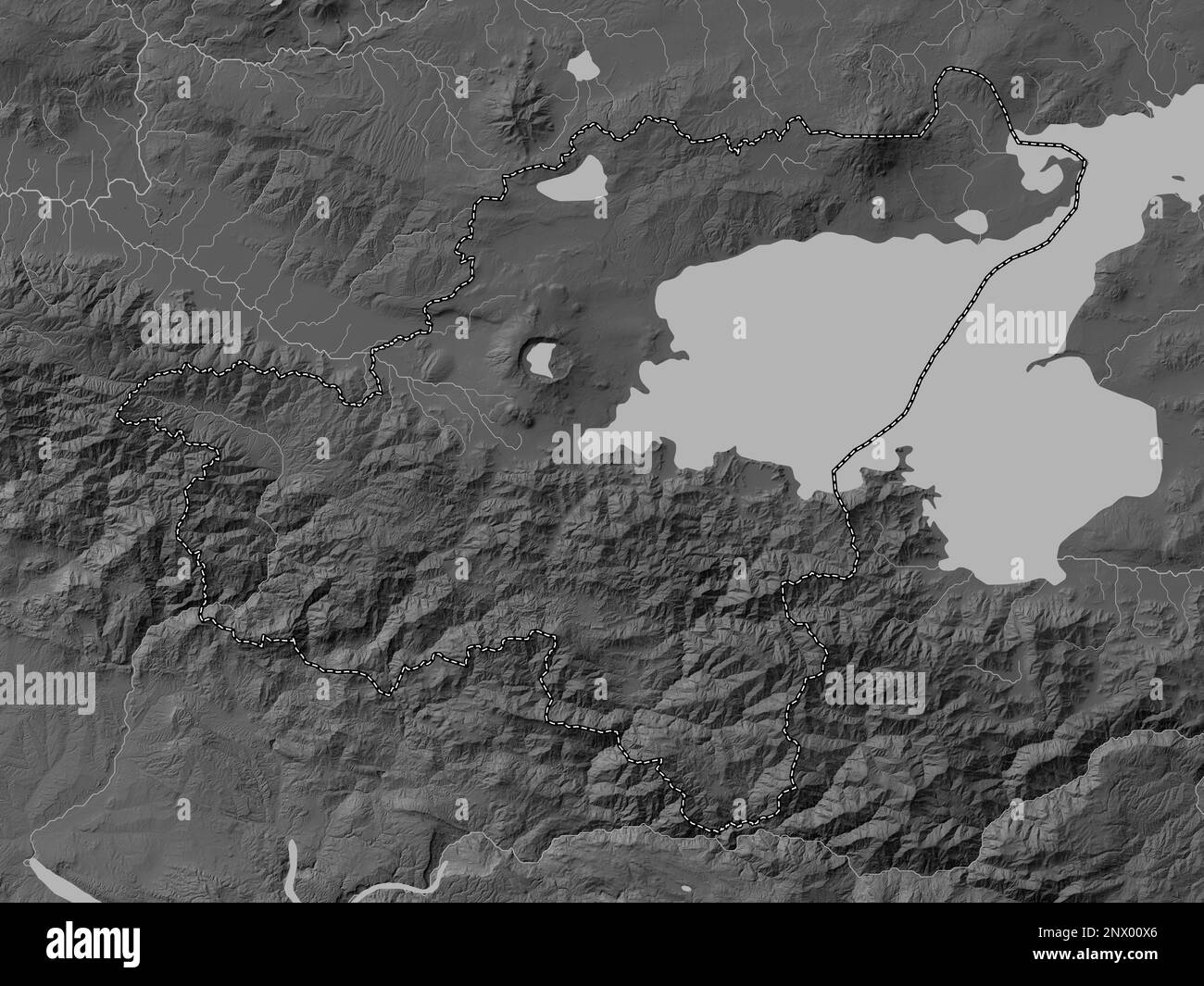 Bitlis, province of Turkiye. Grayscale elevation map with lakes and ...