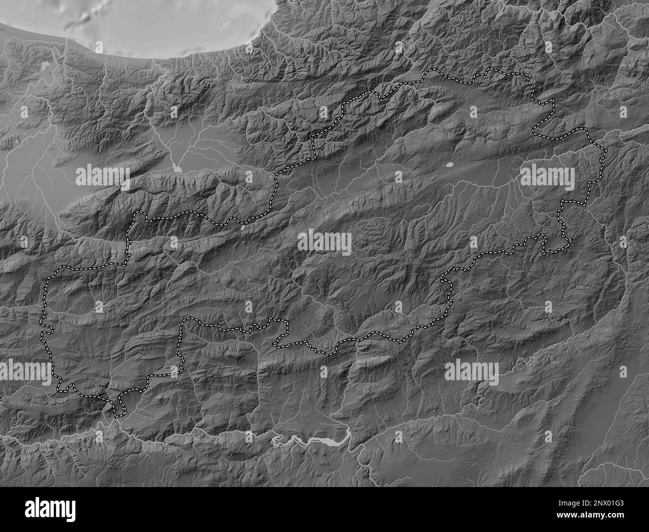 Bolu, province of Turkiye. Grayscale elevation map with lakes and ...