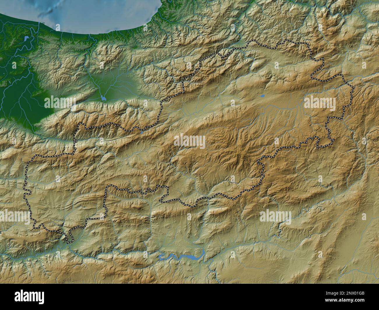 Bolu, province of Turkiye. Colored elevation map with lakes and rivers ...